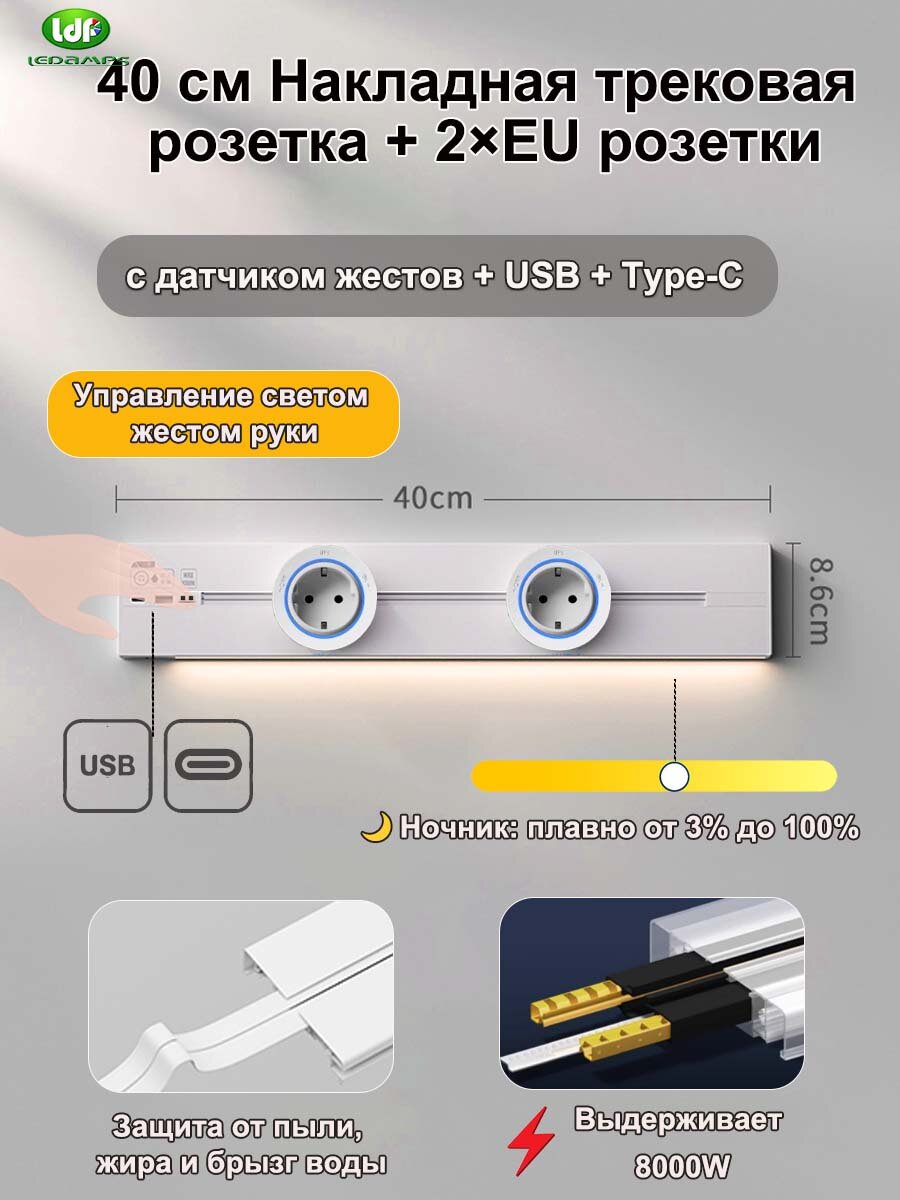 Трековая розетка 40 см с датчиком движения и LED-подсветкой + 2 евро розетки, Белый