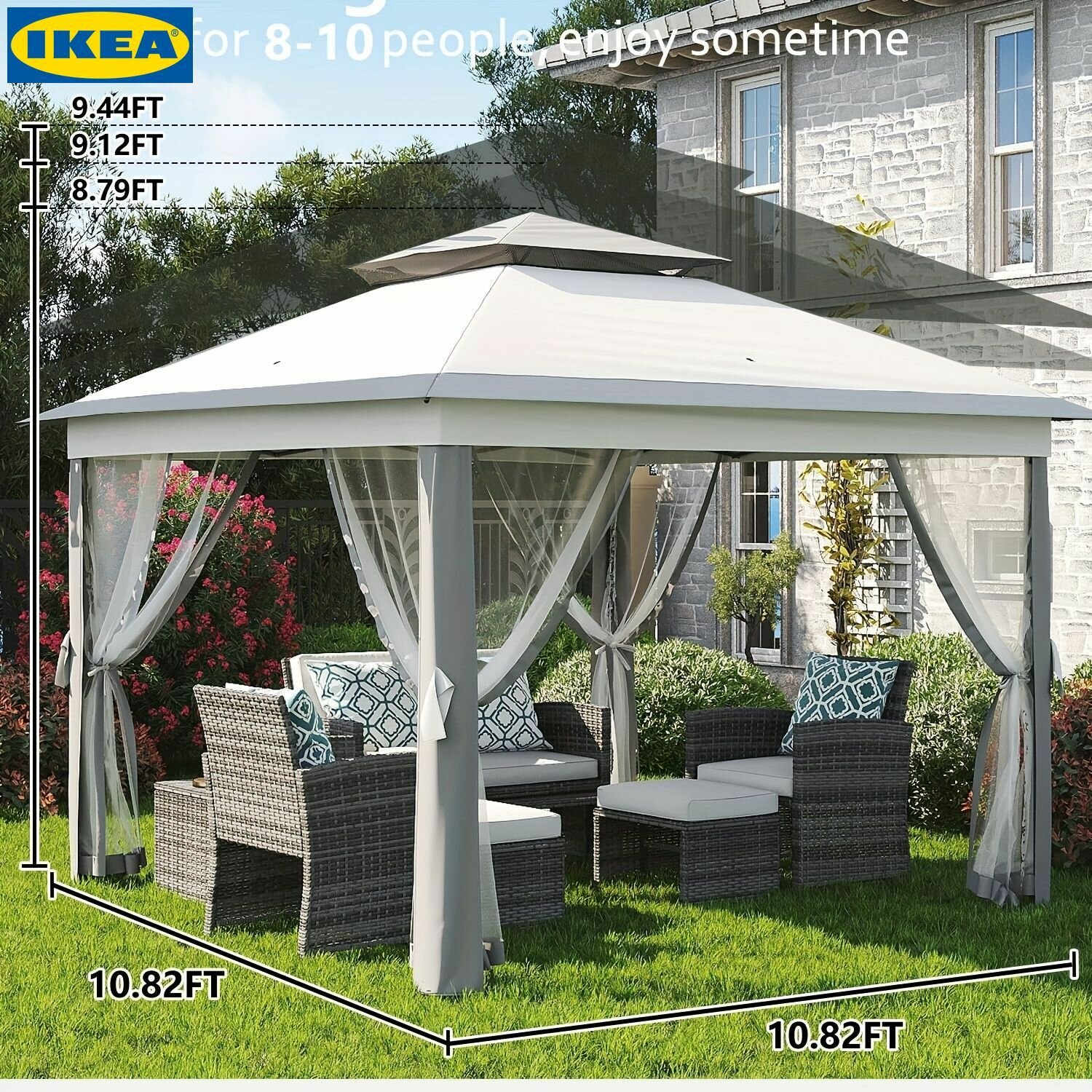 Беседка 3.3x3.3 м с москитной сеткой и регулируемой высотой усиленный каркас, быстросборная конструкция для дачи, террасы, сада и мероприятий