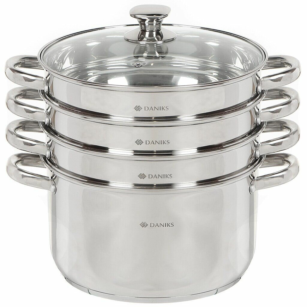 Мантоварка DANIKS нержавеющая 26 см, 7 л, 4 секции со стеклянной крышкой, с металлическими ручками, подходит для индукции, глянцевая