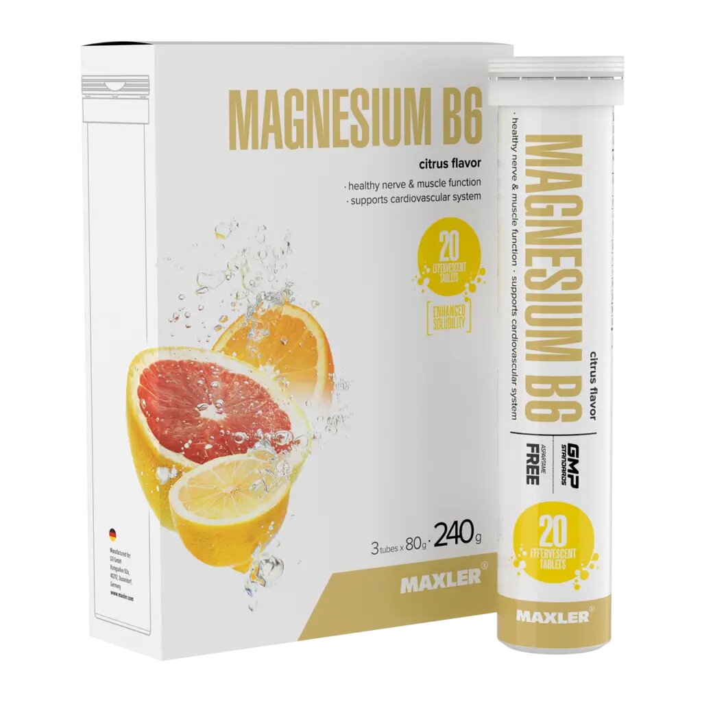 Макслер Магний В6 вкус цитрус / Maxler Magnesium B6 Citrus flavor шипучие таблетки по 4,0 г туба 3 тубы по 20 шт
