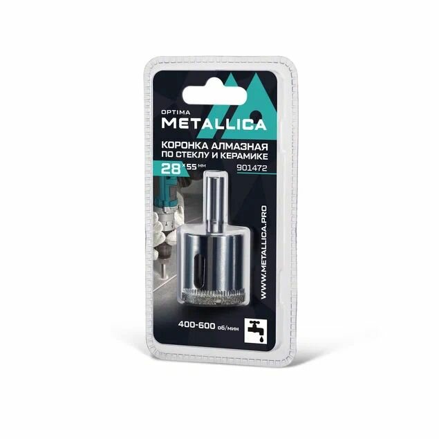 Коронка алмазная METALLICA Optima 28x55 мм, #80, по стеклу, плитке, 1 шт, в блистере. 901472