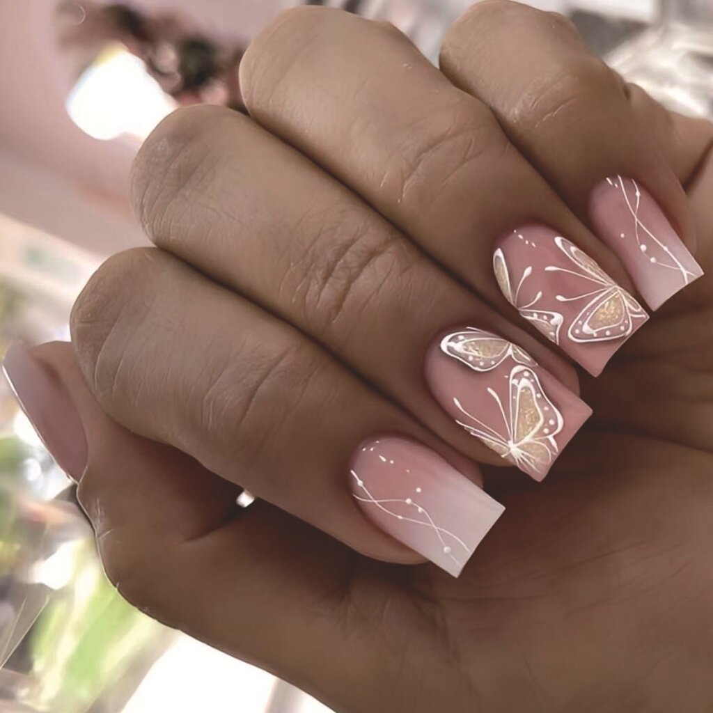 Квадратный Пресс На Ногте Бабочка Поддельные Клеи Для Ногтей На Ногте Искусственный Акриловый Ноготь 12 Размер 24шт Наклеивается На Ноготь для Женщин