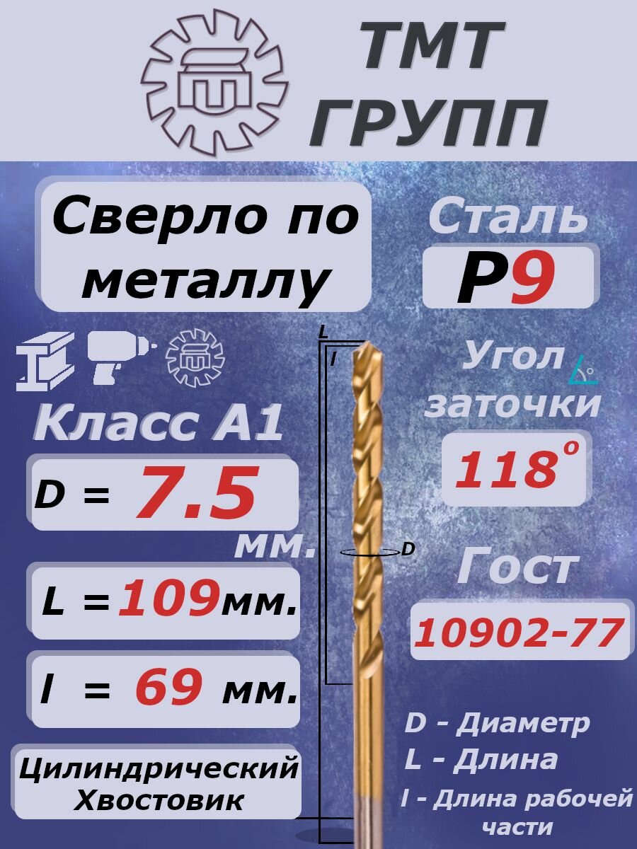 Сверло по металлу, цилиндрический хвостовик, ц/х, 7.5 кл. А1 Р9 н/тит. ТМ*