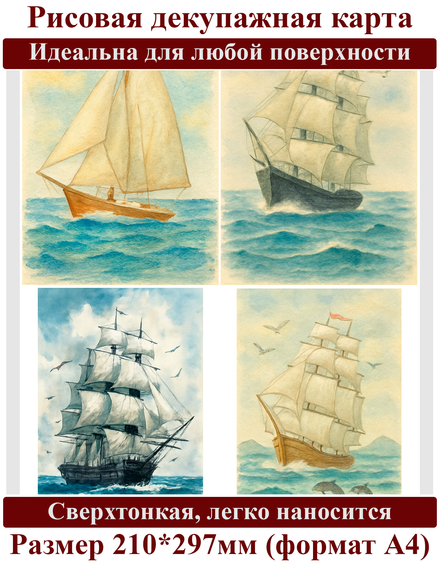 Рисовая бумага для декупажа А4 парусники акварель