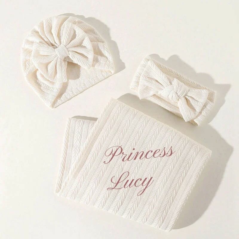 3 шт. Детское пеленальное одеяло с шапочкой для новорожденного, повязка на голову с бантом, одеяльце для приема, повязка на голову с бантом для мальчиков и девочек 0-6 месяцев