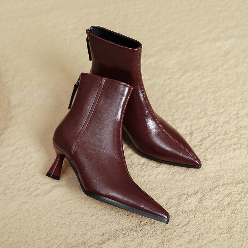 MOOCIE Ботильоны с острым носком для женщин, осень-зима 2025, новые женские ботинки, белые ботинки на высоком каблуке, женские ботильоны на шпильке средней высоты во французском стиле