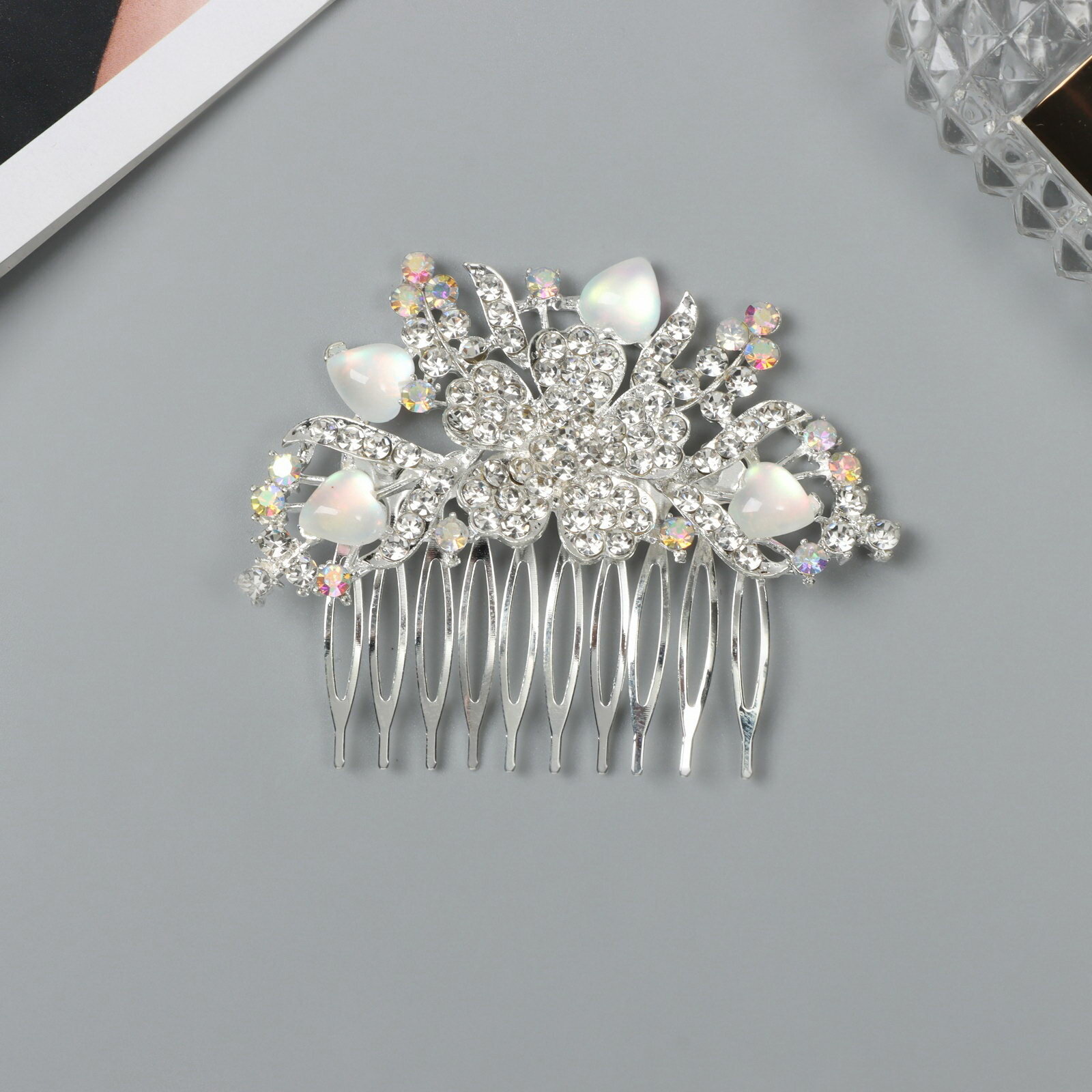 Гребень для волос "Джуди", цветок, 8x6 см, серебро, цвет: серебристый