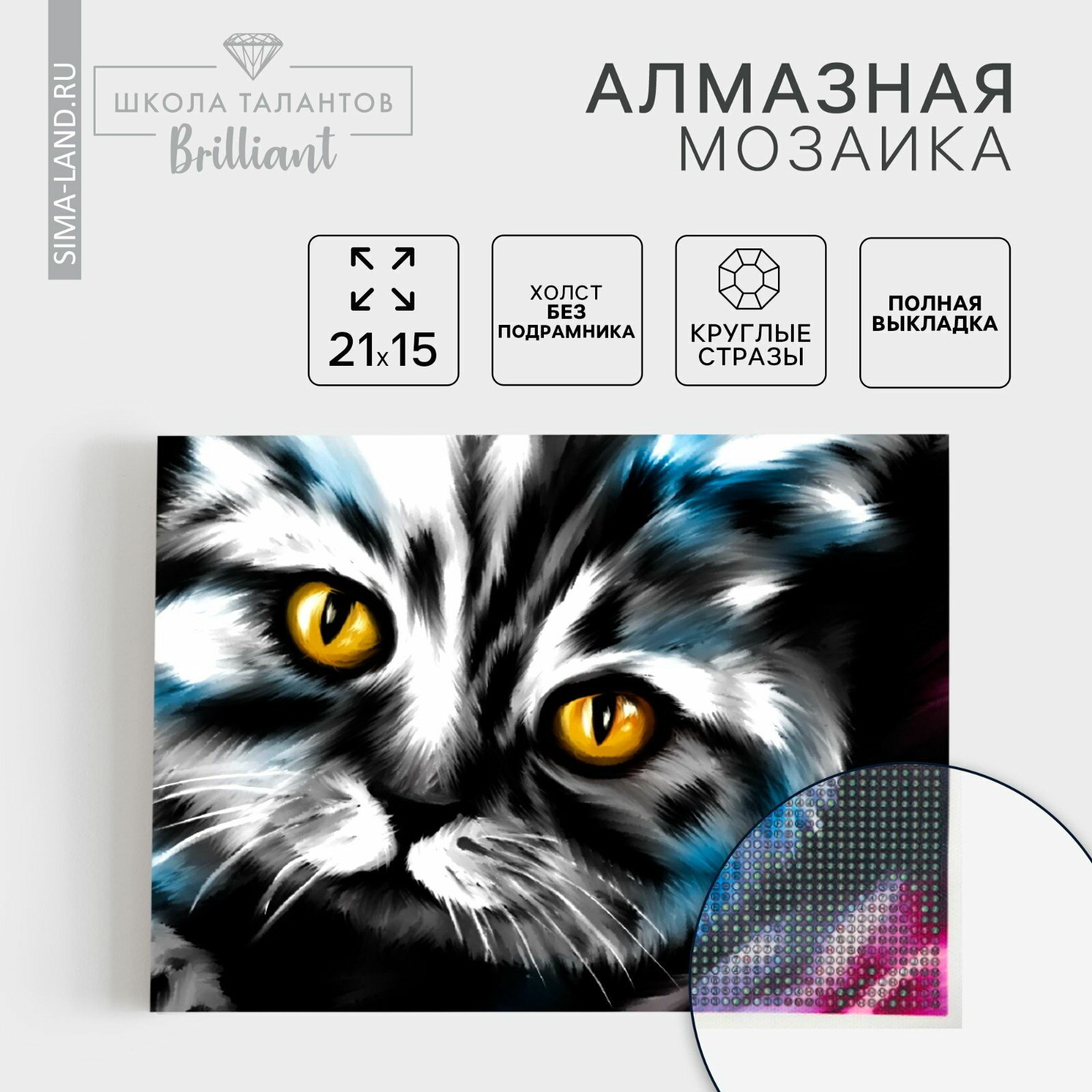 Алмазная мозаика с полным заполнением на холсте "Кот", 15x21 см