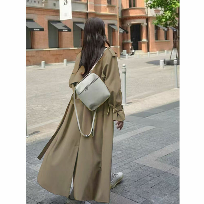 Длинная серая ветровка для женщин, весна-осень 2025 года, новая удлиненная версия, пальто до щиколотки, повседневная куртка