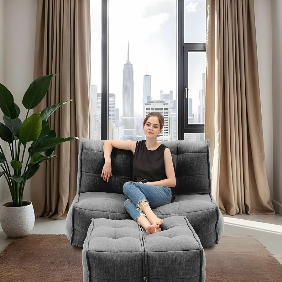 Модульный диван с оттоманкой aLounge - Twin Couch Deluxe - Black Sapphire (шенилл, черно-серый) - небольшой диван в гостиную, детскую, зону ожидания