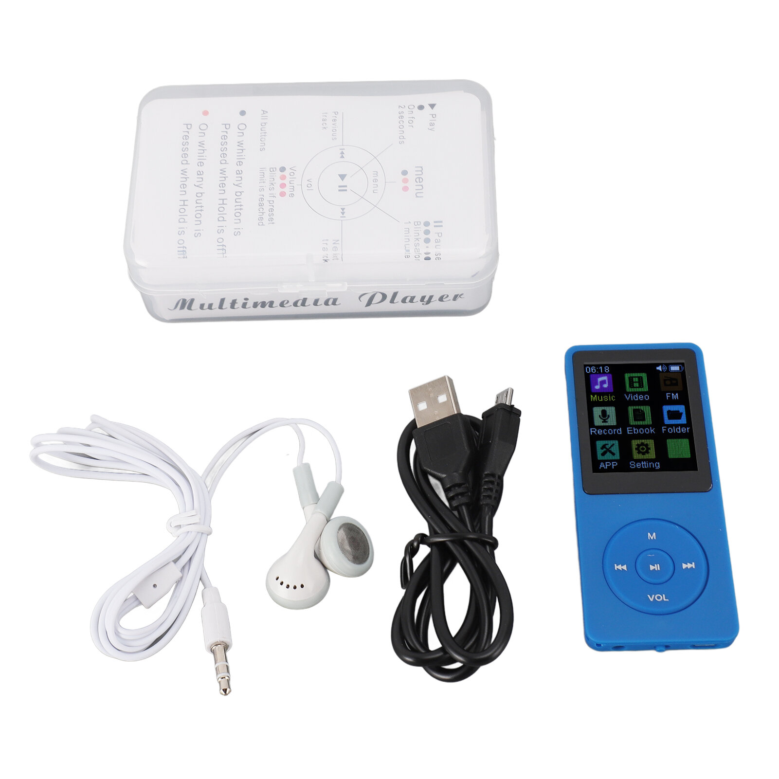 MP3-плеер с функцией записи голоса и воспроизведения видео по Bluetooth, музыкальный проигрыватель с TFT-экраном 1,82 дюйма синего цвета, без встроенной памяти