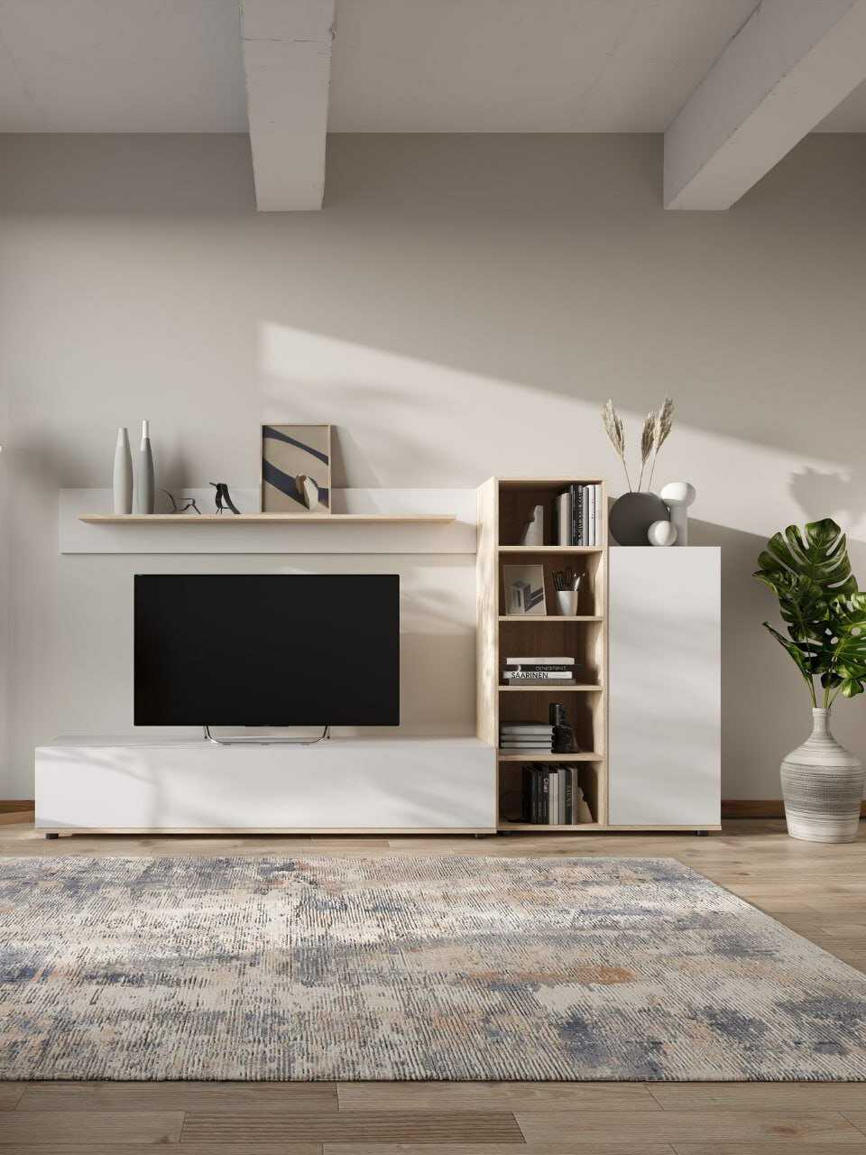 Стенка в гостиную, стенка для гостиной Амазон, Белый/Дуб Сонома, 240х127х40 см (ШхВхГ)