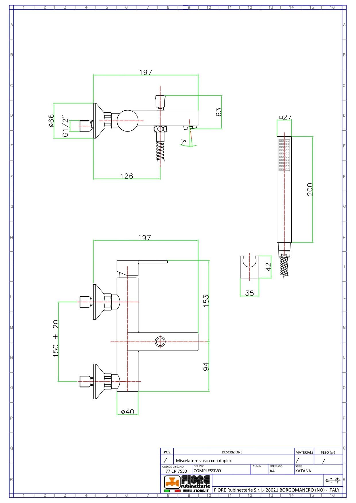 Fiore katana, однорычажный смеситель для ванны с набором душа цвет хром 77cr7550 (Фиоре)