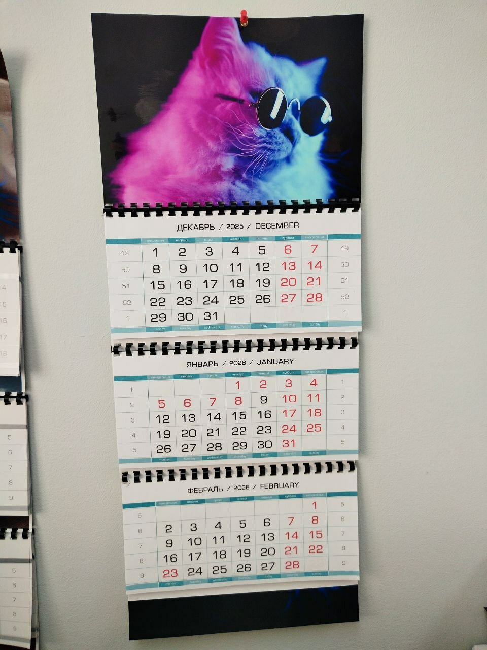 Календарь 2026 квартальный трехблочный кот в очках неон