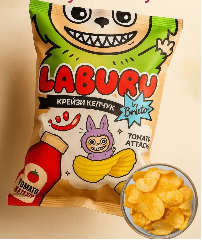 75 гр. BRUTO LABUBU Чипсы "крейзи кепчук" (рифленые) 10 штук