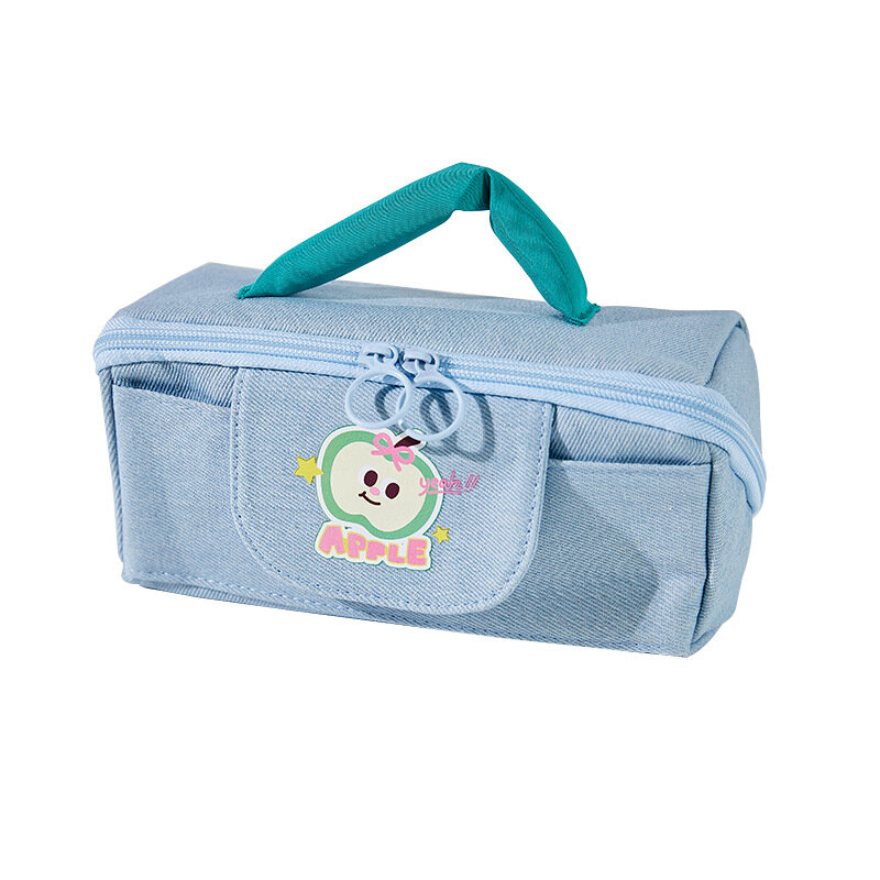 Вместительный пенал из джинсовой ткани с ручкой, симпатичный мультяшный чехол для ручек с фруктами, органайзер для канцелярских принадлежностей для девочек, мальчиков, студентов, школьных канцелярских принадлежностей, портативный дизайн с застежкой-м