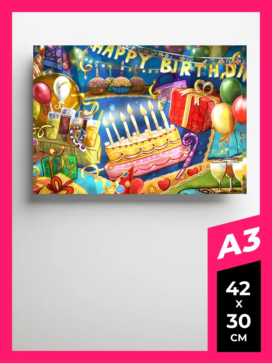 Постер С днем рождения плакат 10 A3, матовая фотобумага премиум качества