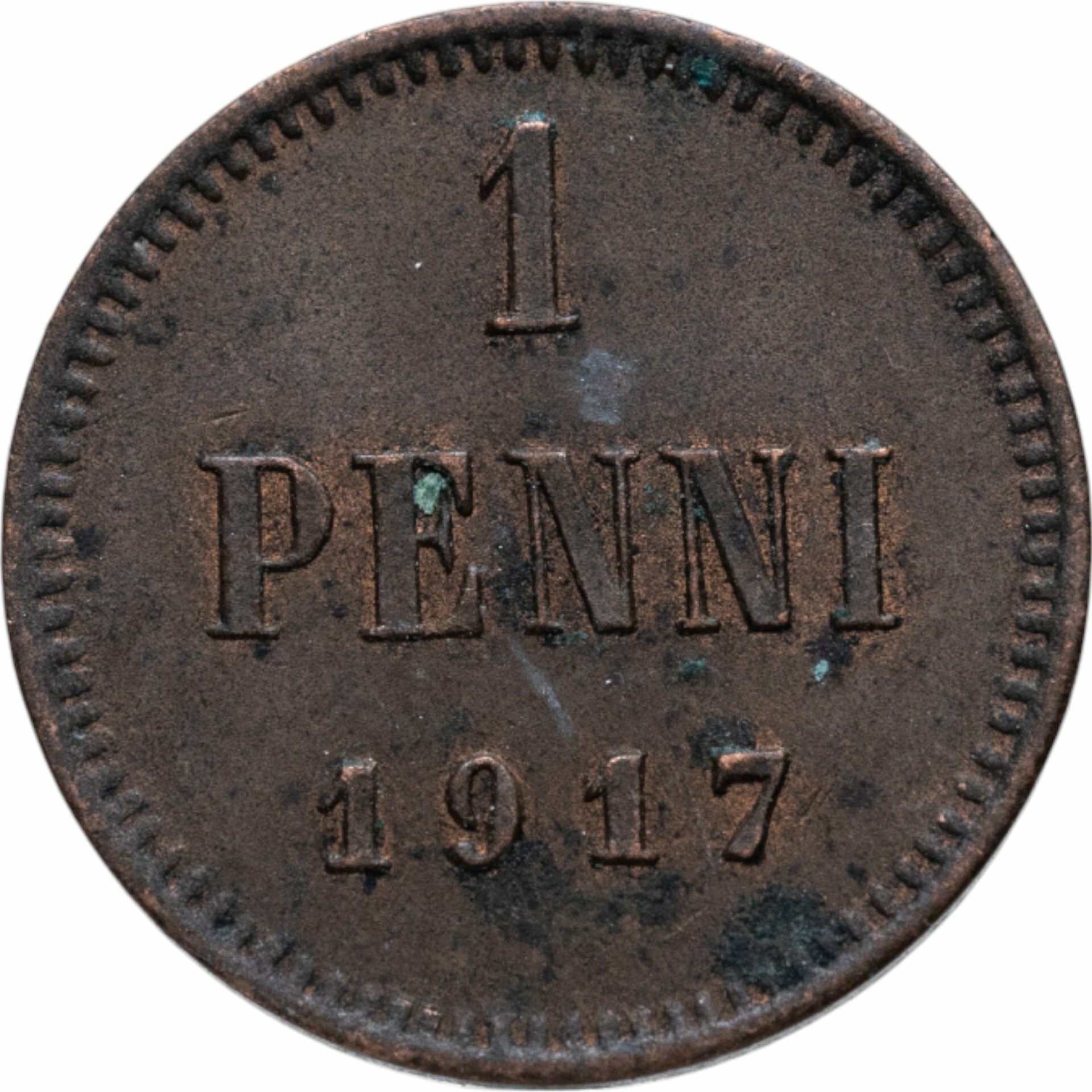 1 пенни penni 1917, монета для Финляндии, Медь, в сохранности AU