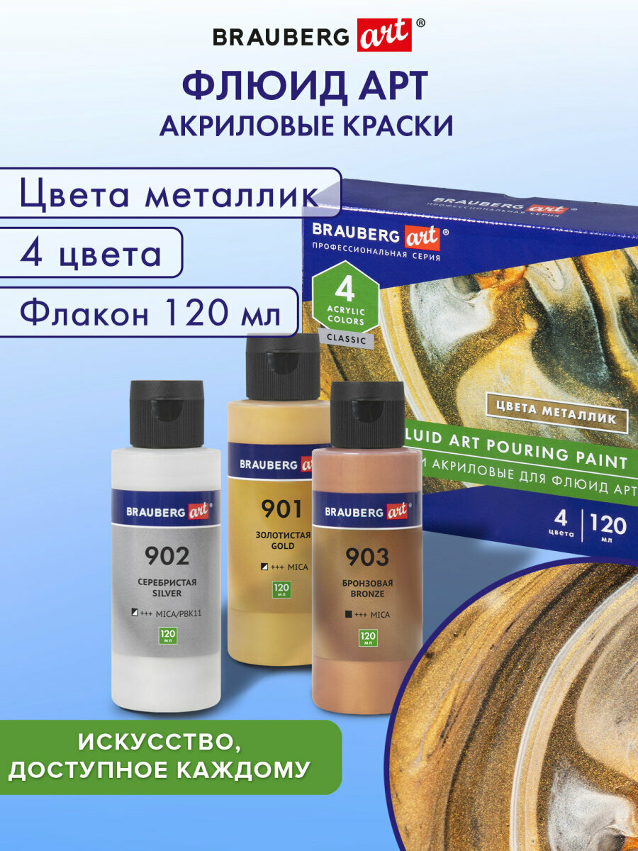 Краски акриловые художественные для рисования для техники Флюид Арт (POURING Paint), 4 цвета по 120 мл, Цвета металлик, Brauberg Art, 192239