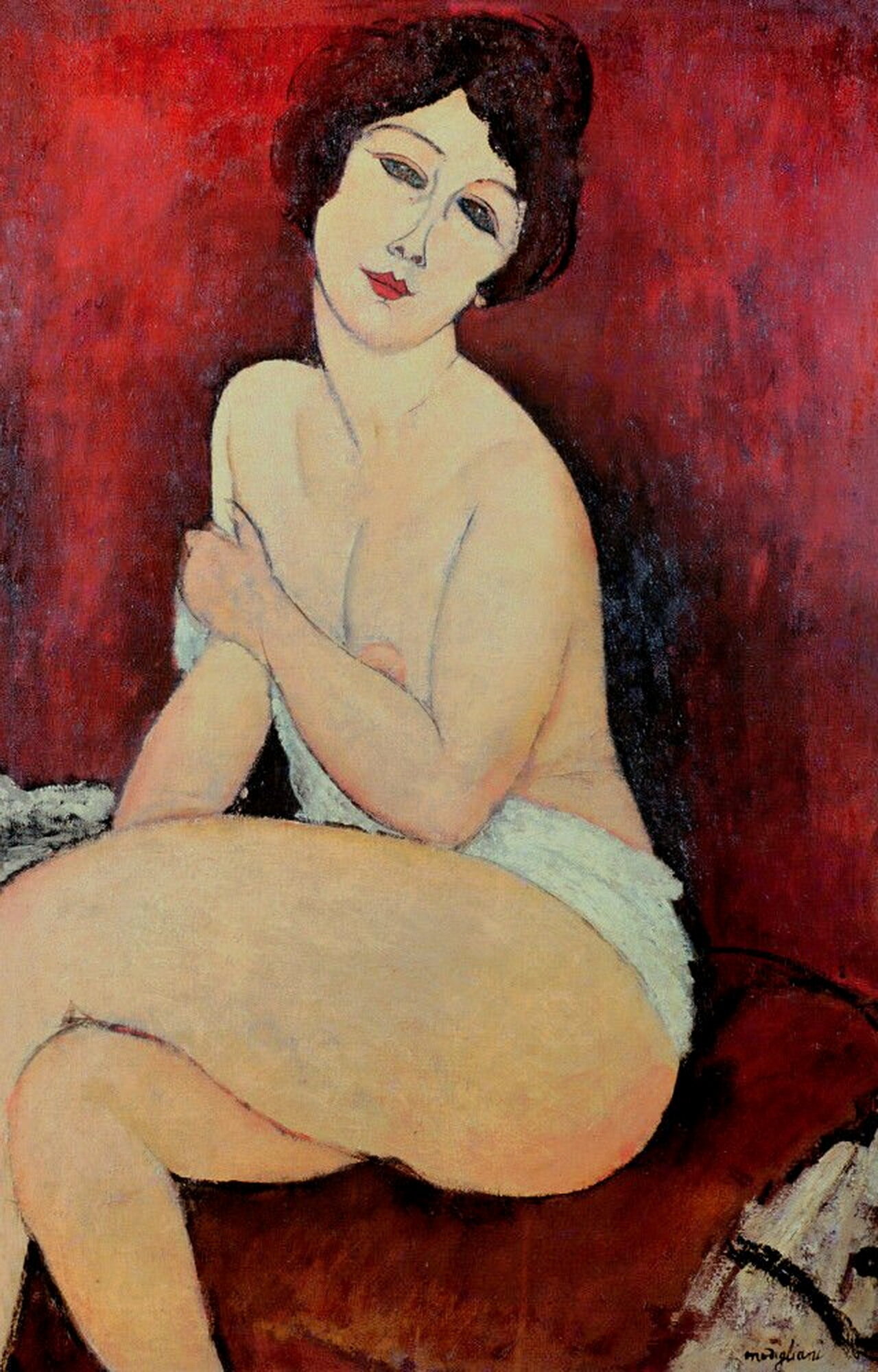 Плакат, постер Амедео Модильяни. Обнаженная на красном фоне на бумаге, размер 21х30см