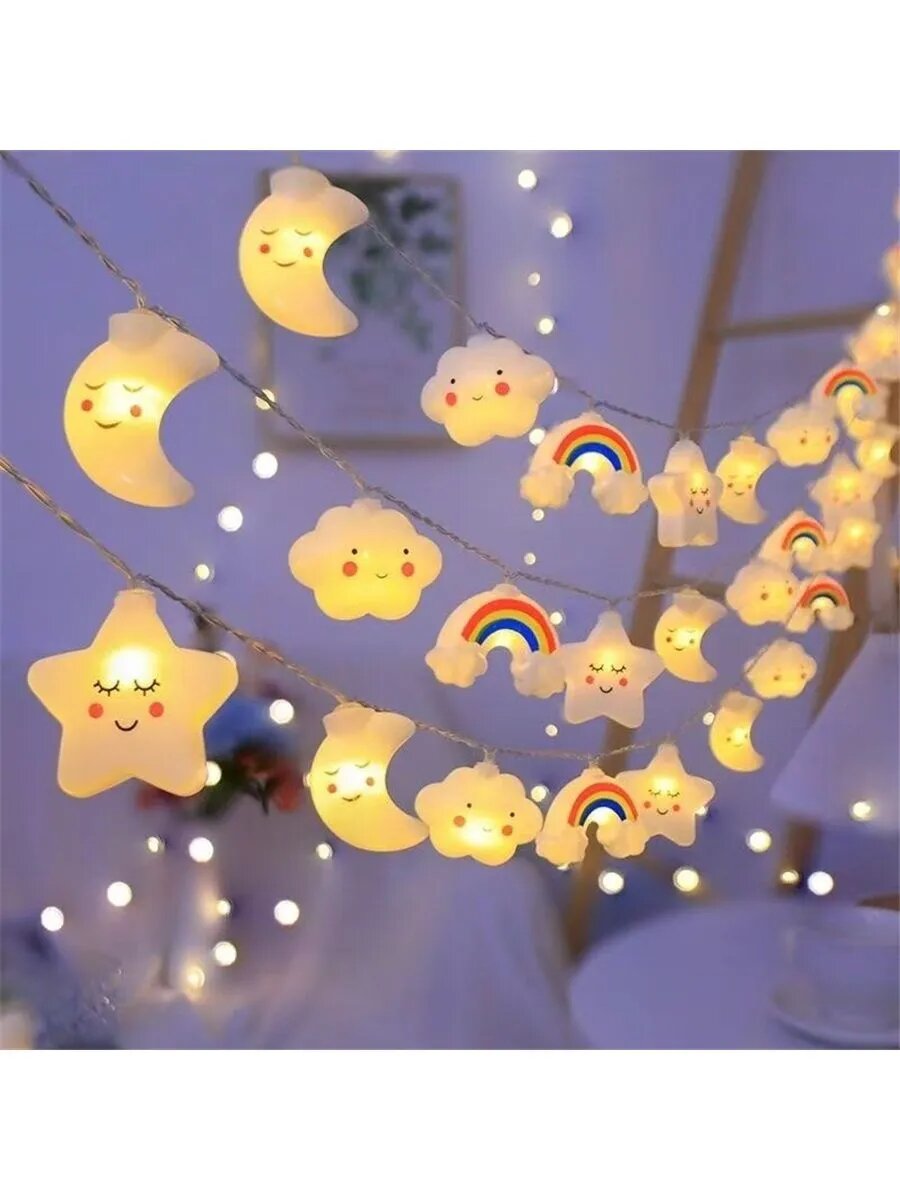 Гирлянды в форме облака, радуги и луны, вариант на батарейках, длиной 1,5 метра, с 10 лампочками