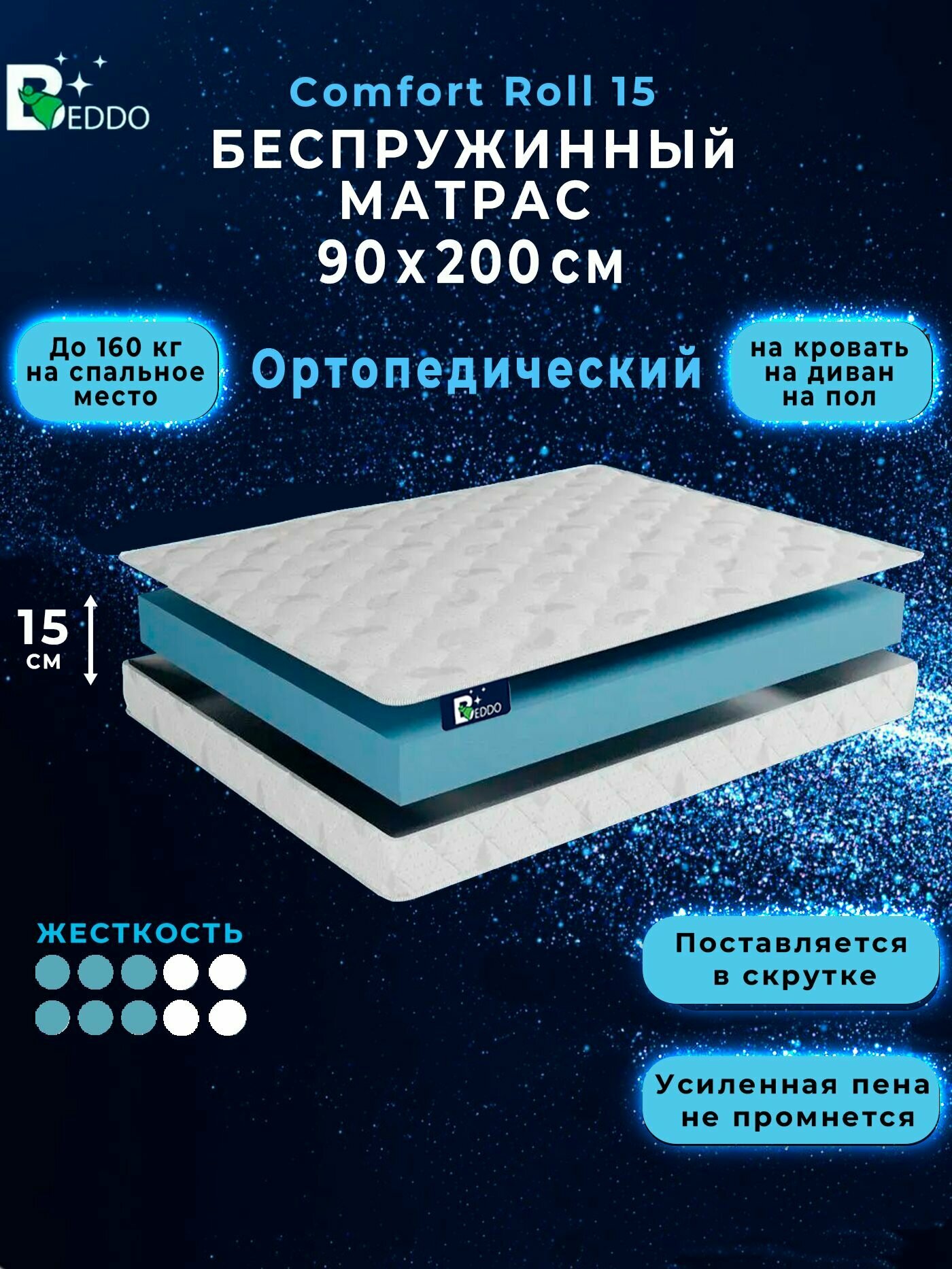 Матрас 90х200 15 см, Comfort Roll 15 BEDDO, беспружинный, двусторонний с ортопедическим эффектом