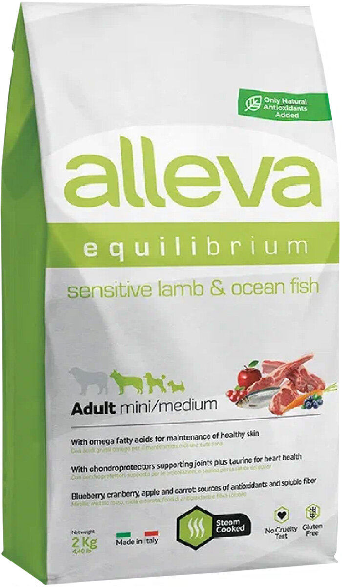Корм сухой Alleva Equilibrium Adult Dog Mini/Medium Sensitive Lamb & Ocean Fish для взрослых собак мелких и средних пород с чувствительным пищеварением, ягненок, океаническая рыба, 2 кг