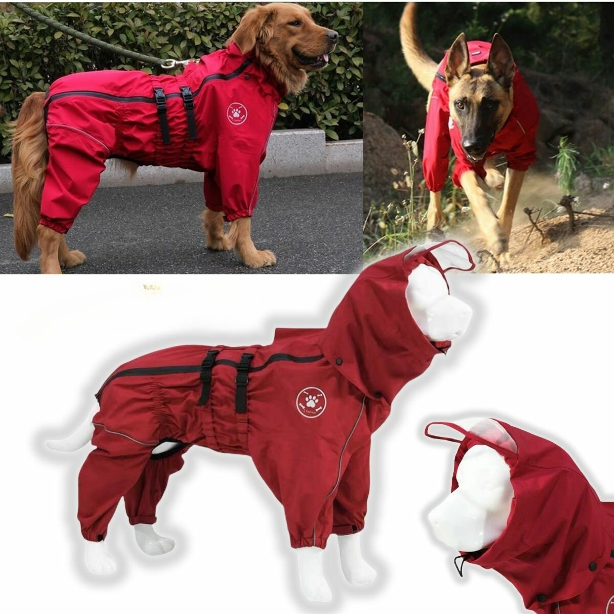 Водонепроницаемый дождевик для собак с капюшоном и съемным поводком, регулируемый комбинезон для крупных и средних пород собак, светоотражающий