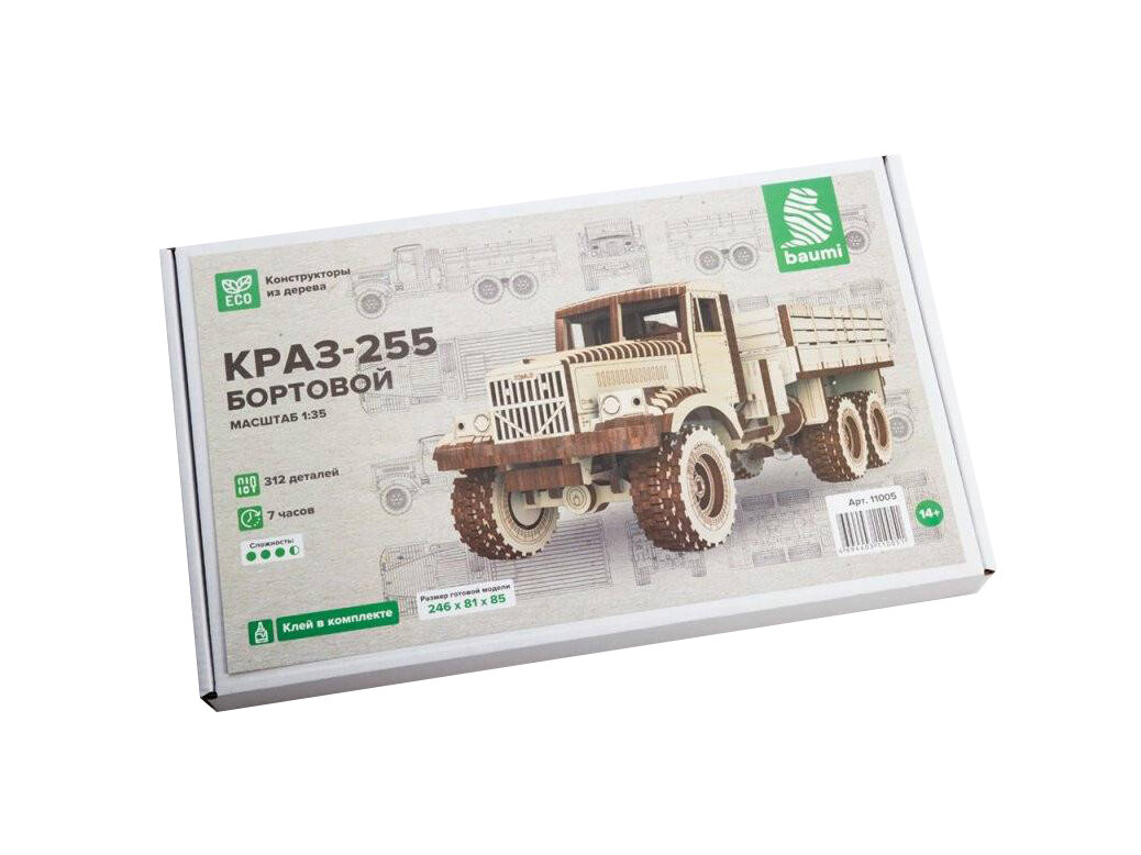Конструктор из дерева. Грузовой автомобиль КРАЗ-255 бортовой, 1:35. Baumi 11005