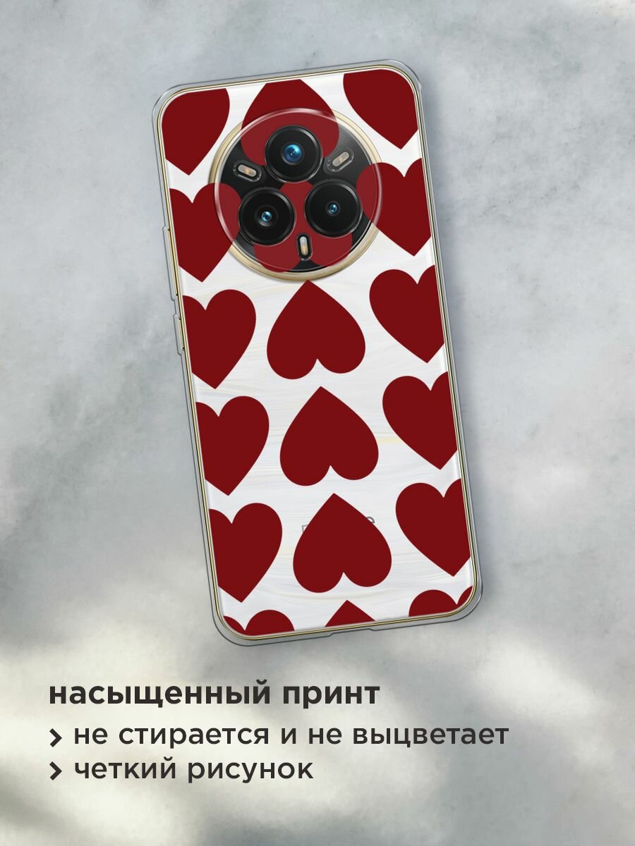 Чехол на Realme 14 Pro+ / Реалми 14 Про+ с принтом "Ряды сердечек паттерн - 14 февраля", прозрачный — фото 1