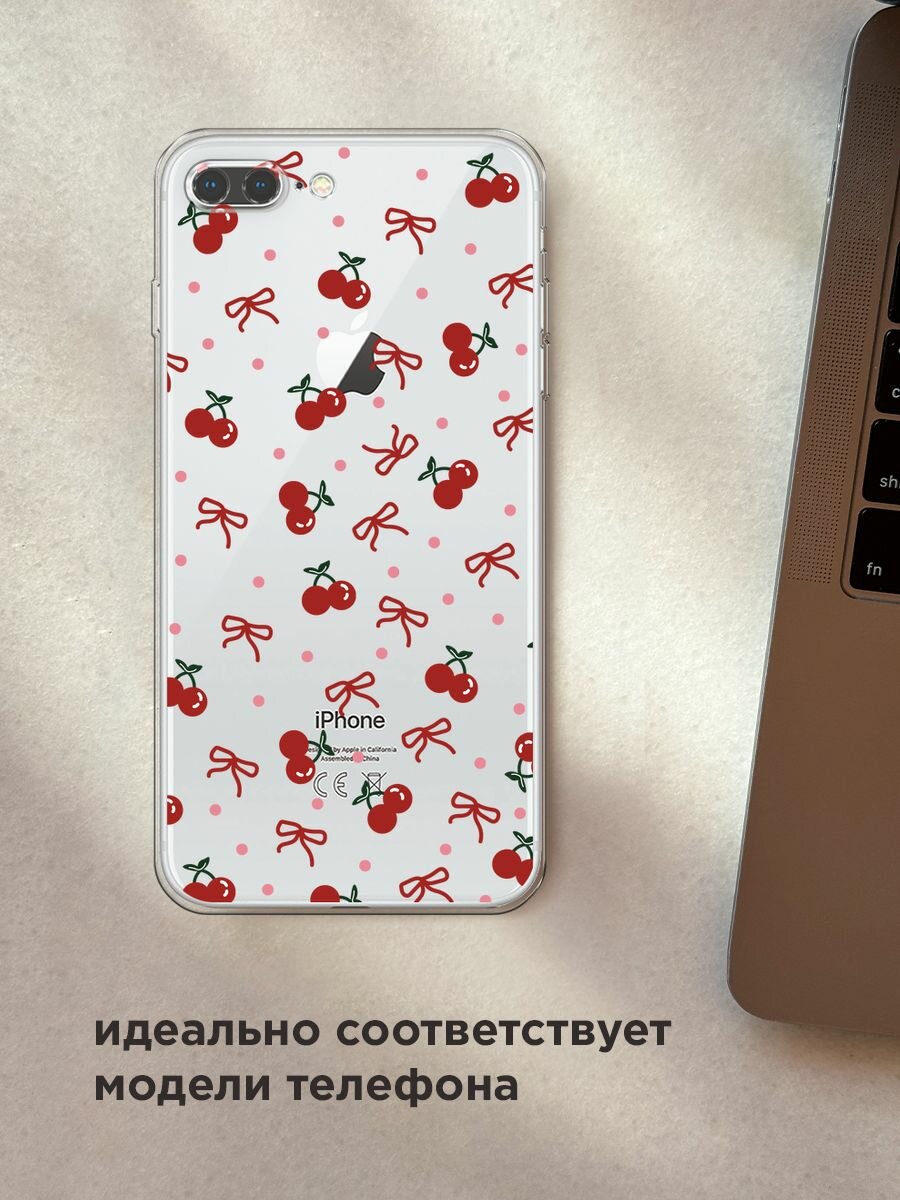 Чехол на Apple iPhone 7 Plus / Айфон 7 Плюс с принтом "Вишни и ленточки", прозрачный — фото 1