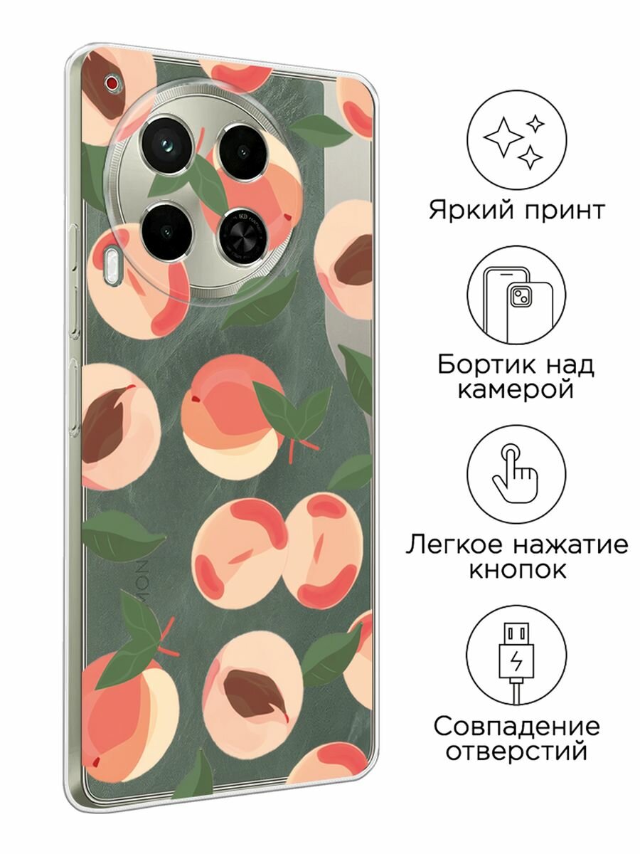 Чехол на Tecno Camon 30 5G / Текно Камон 30 5G с принтом "Нежные персики паттерн 2", прозрачный — фото 1