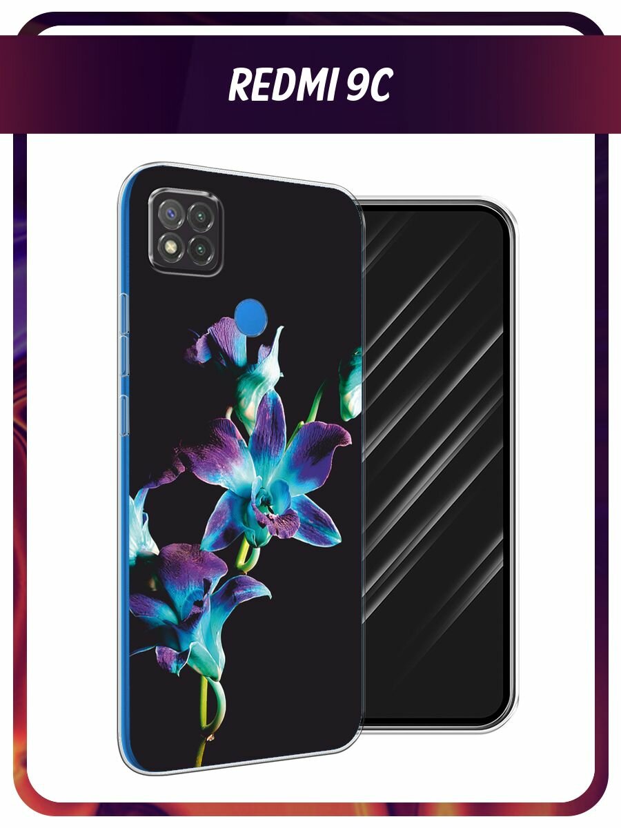 Чехол на Xiaomi Redmi 9C / Сяоми Редми 9C с принтом "Синий цветок на черном"