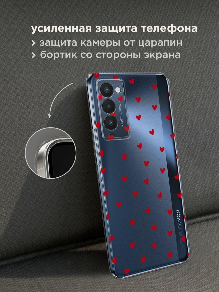 Чехол на Tecno Camon 18P / Техно Камон 18Р с принтом "Red hearts", прозрачный — фото 1