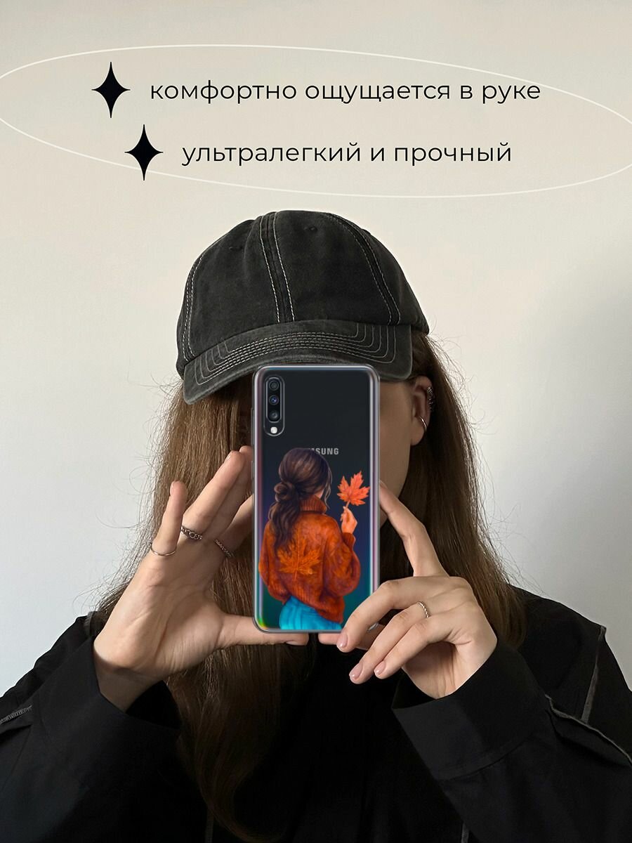 Чехол на Samsung Galaxy A70 / Самсунг Галакси А70 с принтом "Девушка с опавшим листом", прозрачный — фото 1