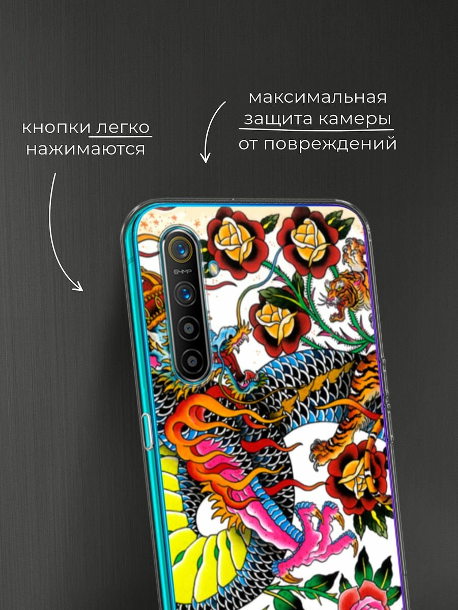 Силиконовый чехол на Realme XT / Реалми XT с принтом "Дракон в цветах" — фото 1