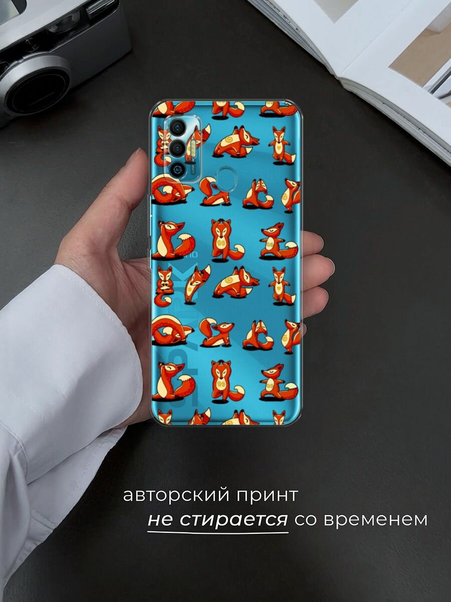 Чехол на Tecno Spark 7 / Техно Спарк 7 с принтом "Йога для лисы", прозрачный — фото 1