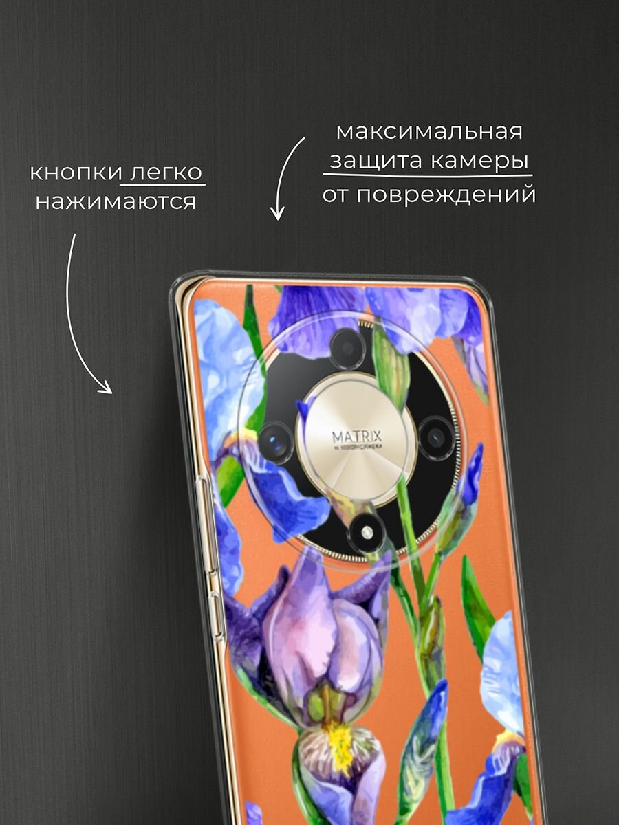 Чехол на Honor X9b / Хонор X9B с принтом "Синие ирисы", прозрачный — фото 1
