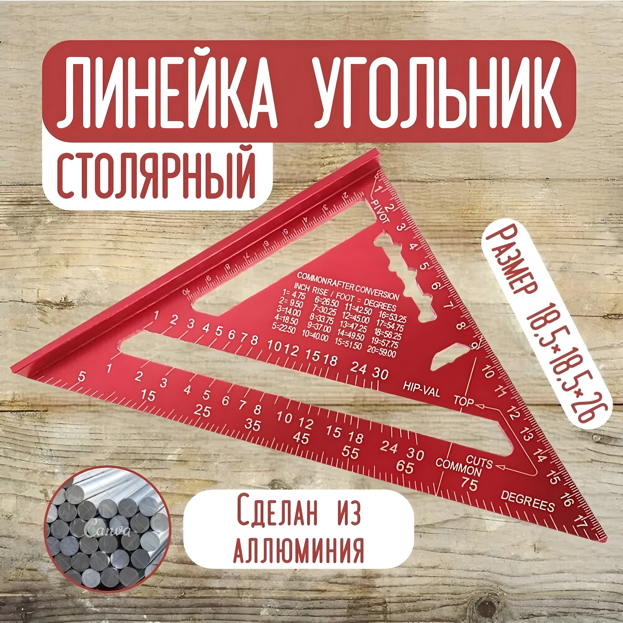 Угольник столярный Сенсона, 260х185 мм, алюминиевый, двусторонняя шкала, красный