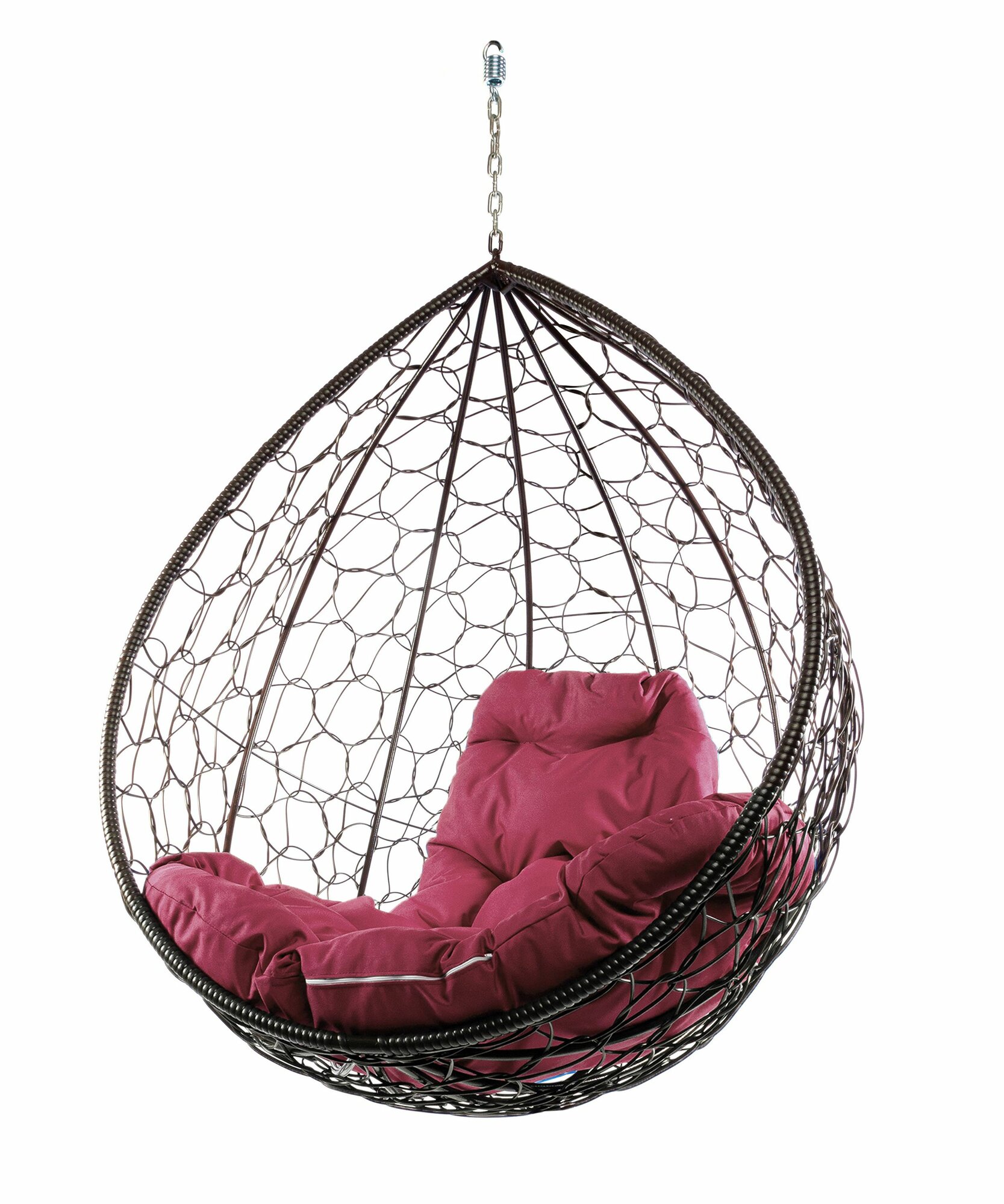 Подвесное кресло капля (без стойки), с ротангом коричневое, бордовая подушка