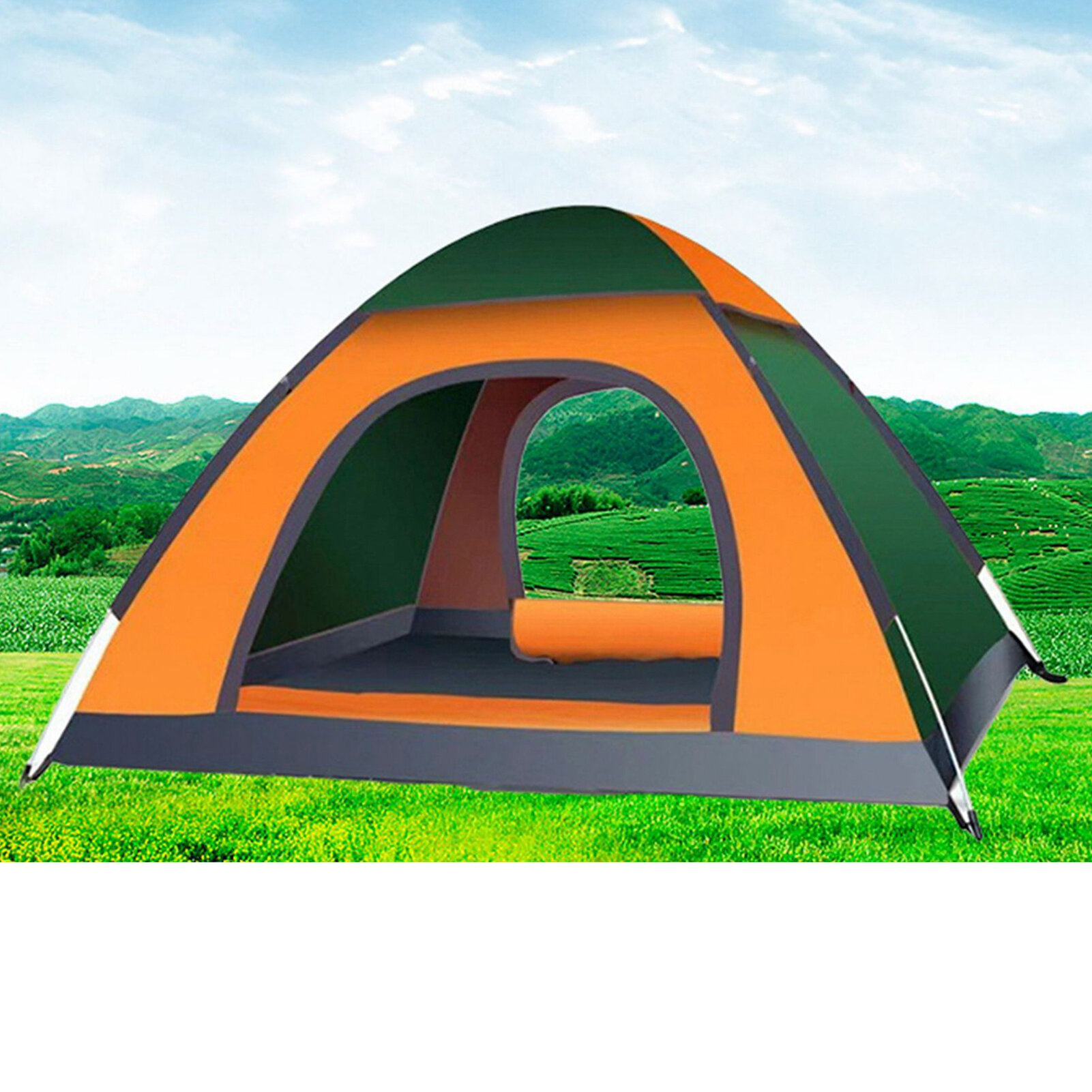 Outdoor 2‑3 People Camping Picnic Tent Quick Opening Rainproof Automatic with Sunroof for Hiking Sleeping Dark Green and Orange Single Door