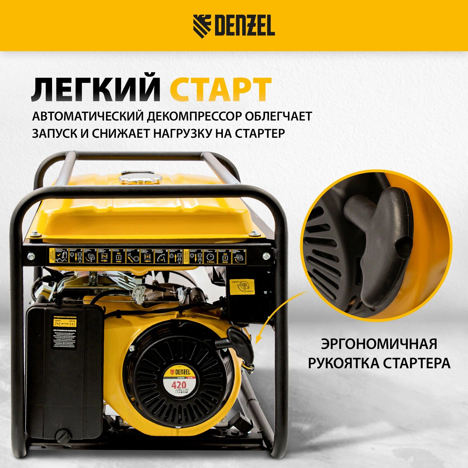 Генератор бензиновый Denzel "GE 7900", воздушный тип охлаждения, мощность 6,5кВт 94638 — фото 1