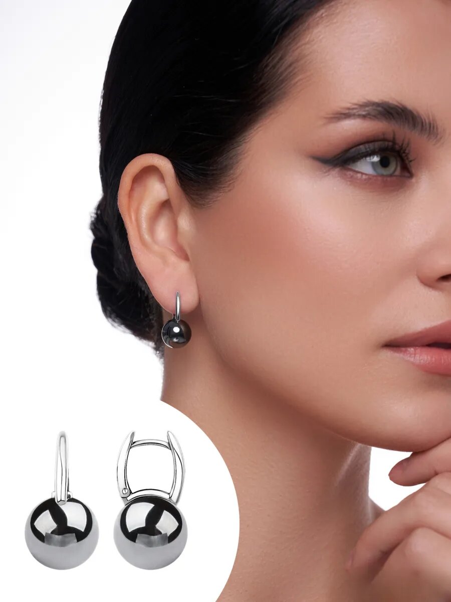 Серьги конго, серебро, 925 проба, родирование, гематит