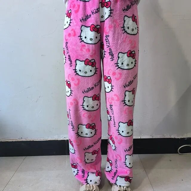 Пижамные штаны из кораллового флиса Sanrio Hello Kitty, мягкие и удобные, женская повседневная домашняя одежда, милый подарок на день рождения в стиле аниме, Размер: L
