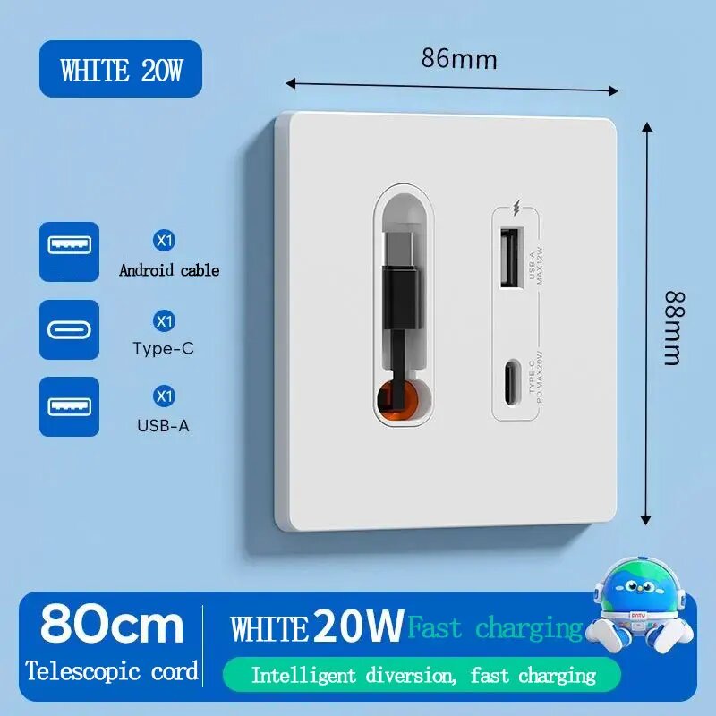 Настенная розетка EU 20W WHITE с Android кабелем