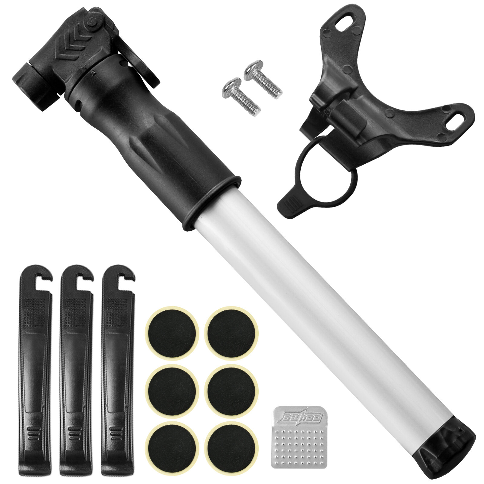 Набор инструментов для ремонта велосипеда с мини-насосом, 3 вилками для шины, 6 патчами для шины, 1 металлическим стамеском, серебристого цвета, материал бесшовная сталь и пластик, размер насоса 21.5*2.1 см, вес насоса 110 г, размер упаковки 23*3 см, вес