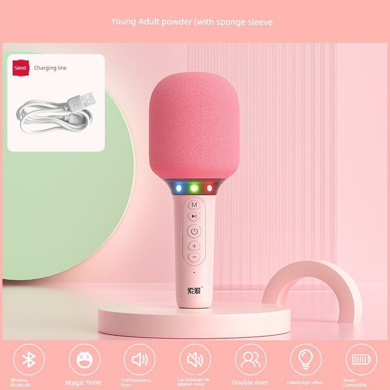 SOAIY MC52 беспроводной Bluetooth микрофон-динамик с пенопластовым чехлом, нежно-розовый цвет для домашнего караоке