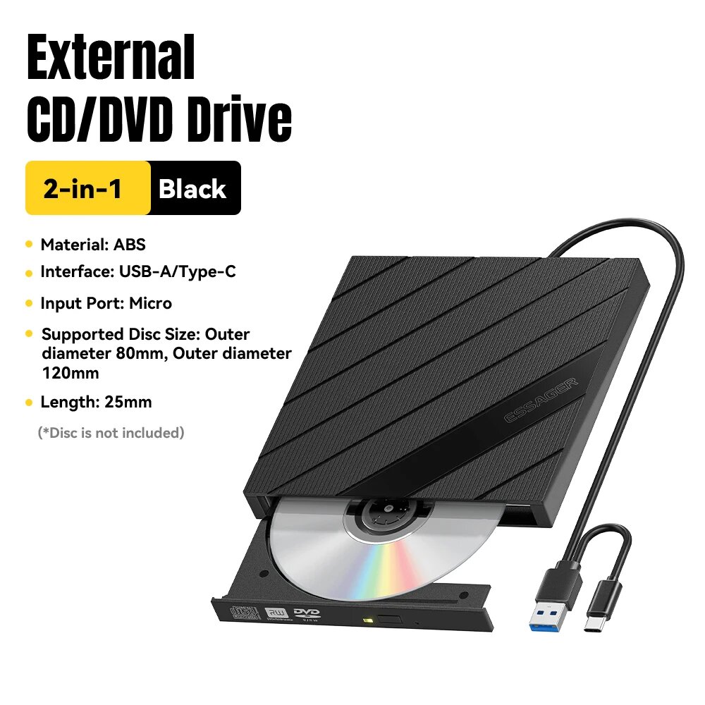 Essager Портативный внешний оптический привод CD/DVD RW USB 3.0 Type-C