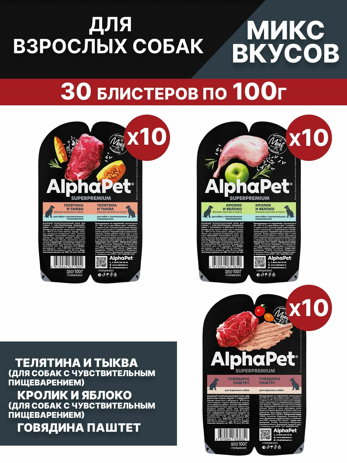 Влажный полнорационный корм для собак AlphaPet Superpremium, Микс вкусов, 100г *30 шт