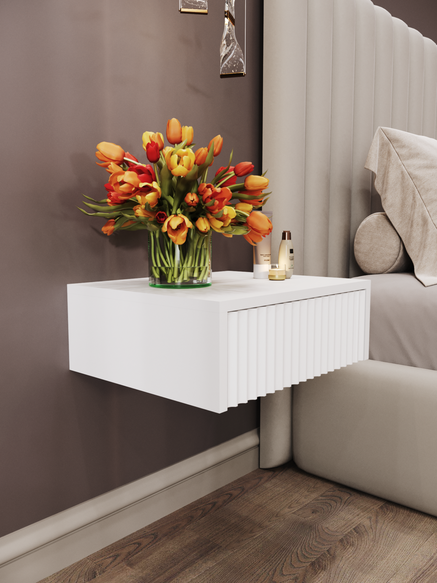 Тумба прикроватная, ЛДСП, МДФ, белая, подвесная, 40x35x15 см